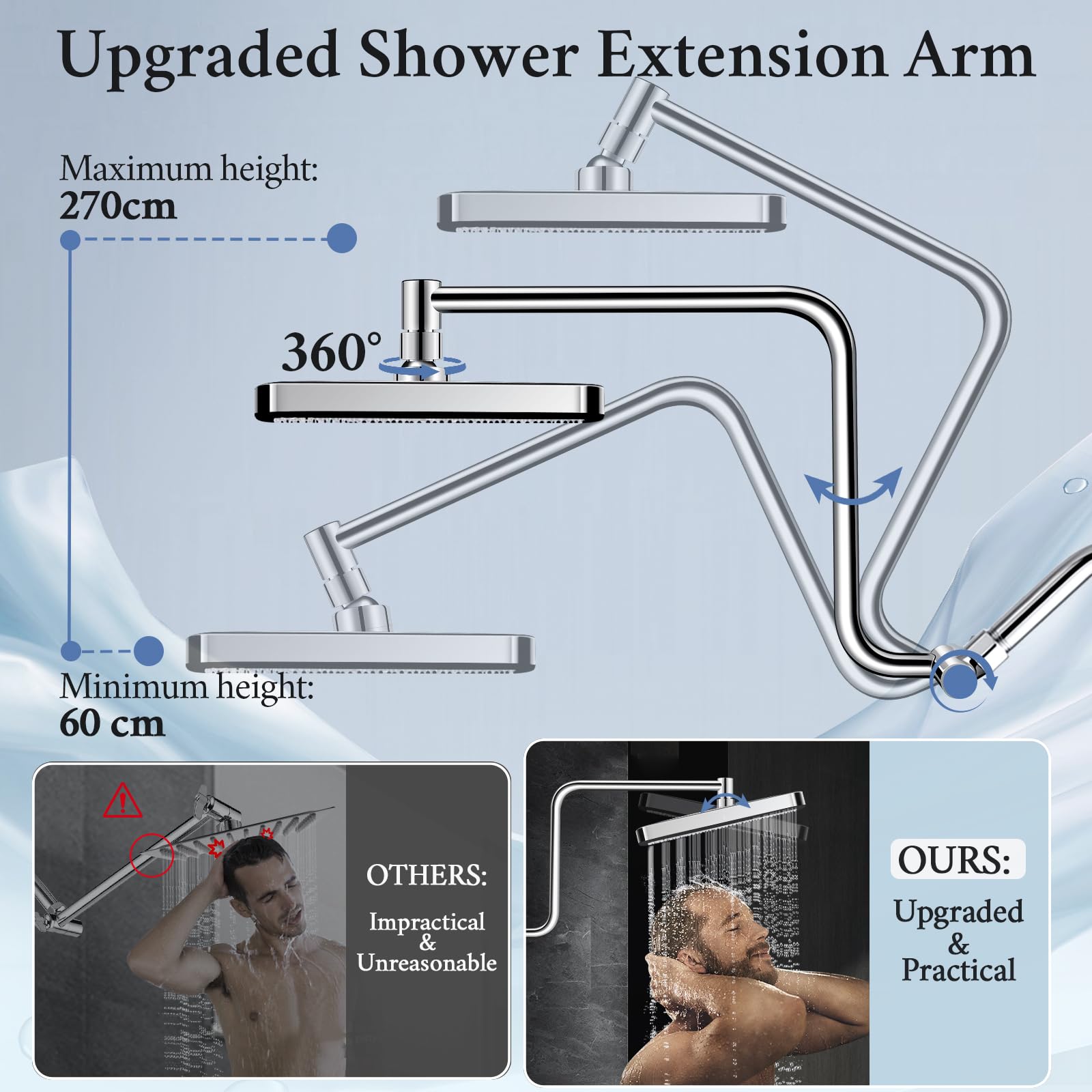 Shower Head with Handheld Combo, 12'' Rectangle Rain Shower Head with Upgraded 12'' Z-Shaped Shower Extension Arm, High Pressure 4 Setting Handheld Shower Head with 60'' Hose, Height/Angle Adjustable