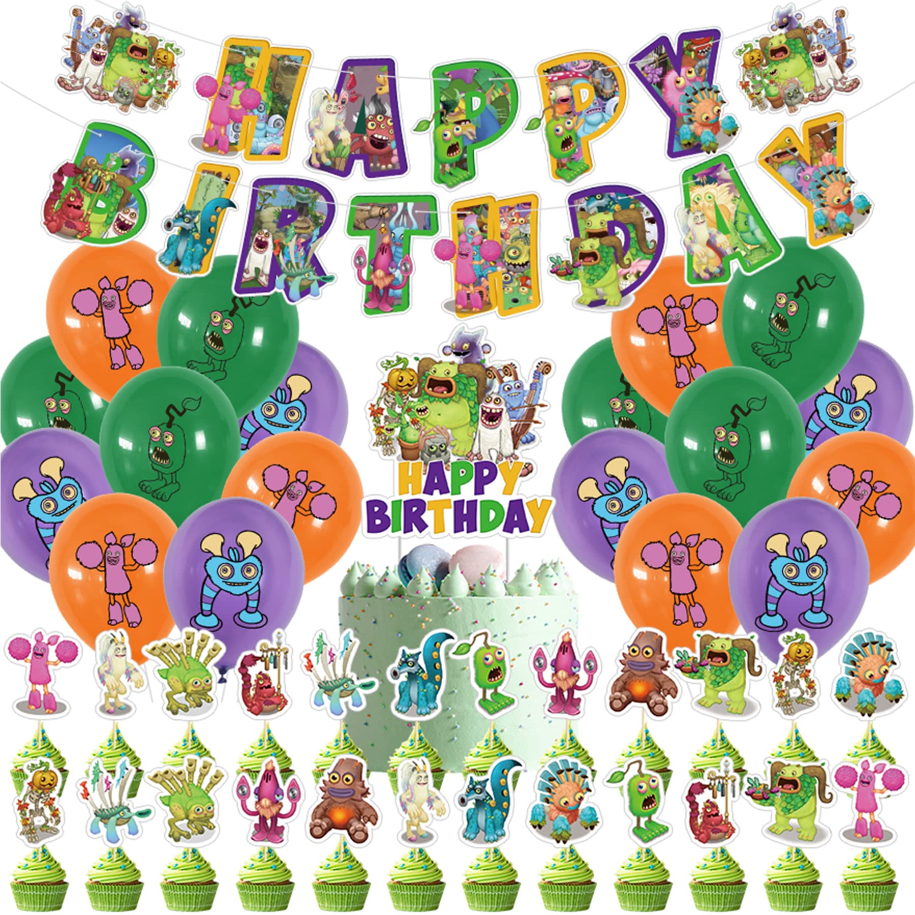 Monsters Birthday Party Decoration Singing Party Supplies Include HAPPY BIRTHDAY Banner Balloons Cake Topper Cupcake Toppers Monsters Party Decoration