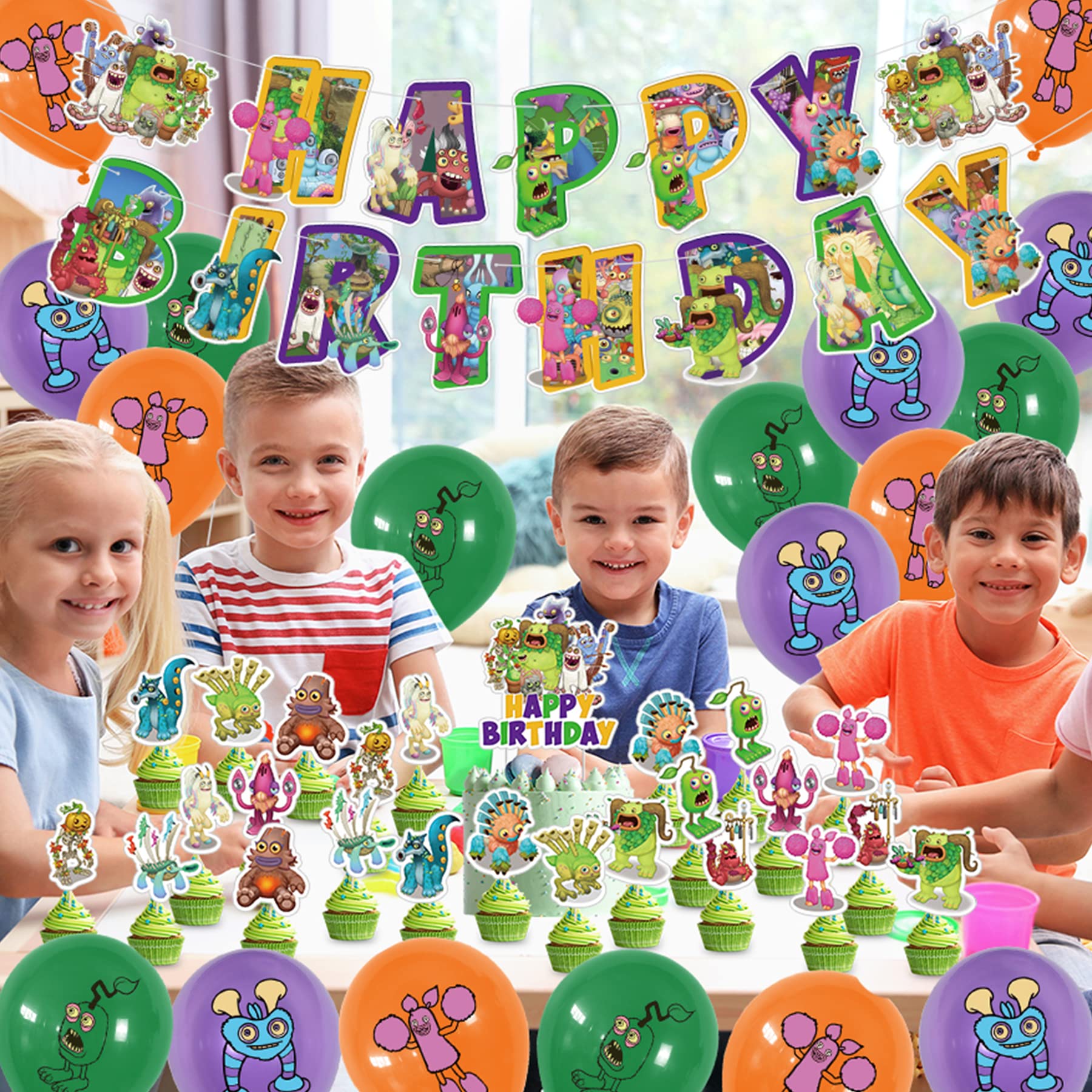 Monsters Birthday Party Decoration Singing Party Supplies Include HAPPY BIRTHDAY Banner Balloons Cake Topper Cupcake Toppers Monsters Party Decoration