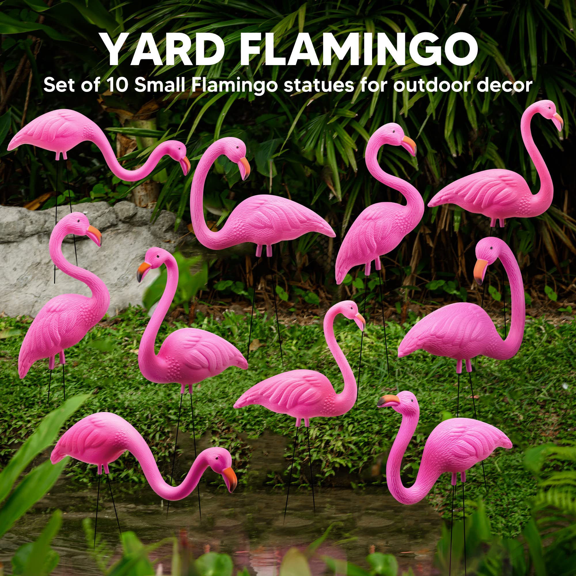 JOYIN 10 Pack Small Yard Flamingos Ornament Stakes, Mini Pink Flamingo Yard Decorations, Mini Lawn Plastic Flamingo Statue with Rubber Coating Metal Legs for Outdoor, Garden, Luau Party Gift (3-10IN)