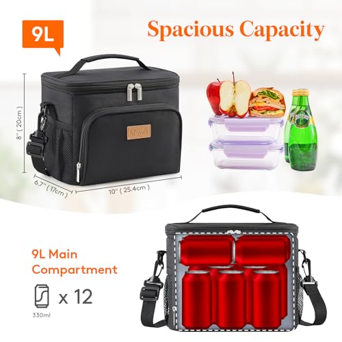 Lifewit Reusable Insulated Lunch Bag for Men, Lunch Box Women, Portable Cooler Freezable Soft Lunchbox Leakproof with Adjustable Shoulder Strap for Adult for Work Picnic or Travel, Black 9L