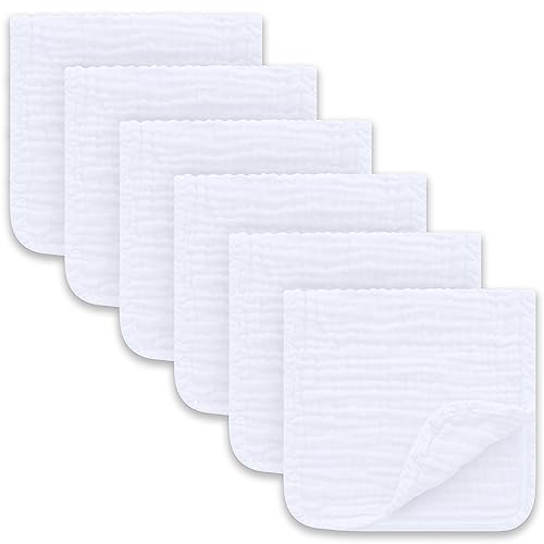 Sunny zzzZZ 6 Pack Muslin Burp Cloths - Ultra-Soft 100% Cotton Baby Boy & Girl Newborn Essentials - Large 20'' x 10'' Super Absorbent Milk Spit UP Washcloths - Unisex Burpy Cloths - White