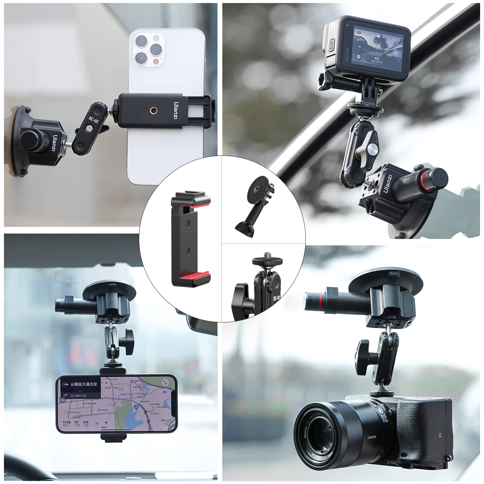 Suction Cup Mount for Gopro iPhone - ULANZI SC-01 3in Pump-actived Vacuum Suction Mount Magic Arm Phone Holder Action Cam Adapter Car Boats Windshield Window Mount for Gopro Hero insta360 DJI Action