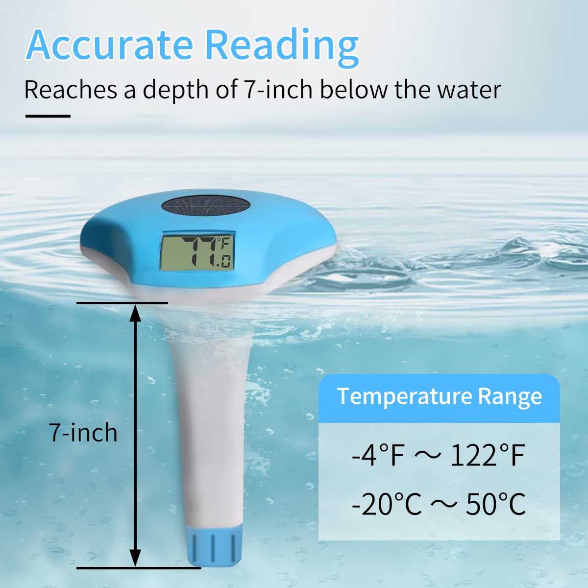 RINMEE Solar Digital Pool Thermometer Floating, Large Easy-to-Read Screen Display and Bold Numbers, High Accuracy and Wide Measuring Range for Swimming Pool, Spa, Hot Tub, Ice Bath, Fish Pond