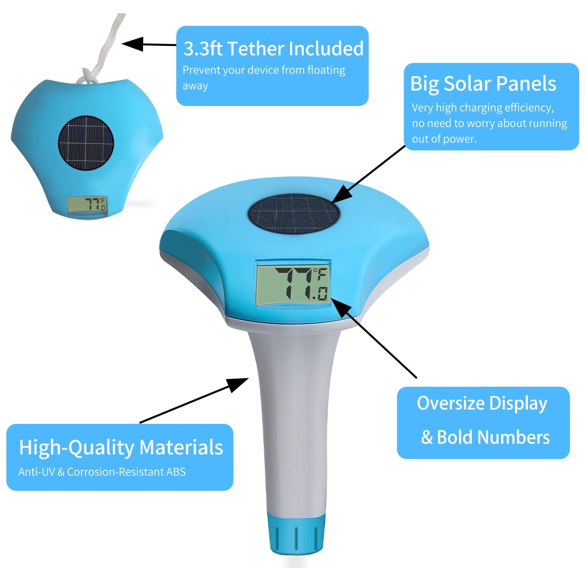 RINMEE Solar Digital Pool Thermometer Floating, Large Easy-to-Read Screen Display and Bold Numbers, High Accuracy and Wide Measuring Range for Swimming Pool, Spa, Hot Tub, Ice Bath, Fish Pond