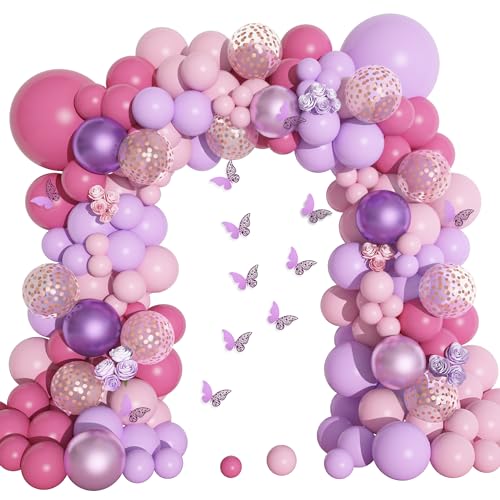 Amandir 175Pcs Pink and Purple Balloon Garland Arch Kit Butterfly Baby Shower Decorations for Girl, Lavender Purple Dusty Pink Balloon for Women Birthday Bridal Shower Wedding Party Supplies