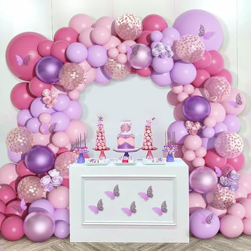 Amandir 175Pcs Pink and Purple Balloon Garland Arch Kit Butterfly Baby Shower Decorations for Girl, Lavender Purple Dusty Pink Balloon for Women Birthday Bridal Shower Wedding Party Supplies