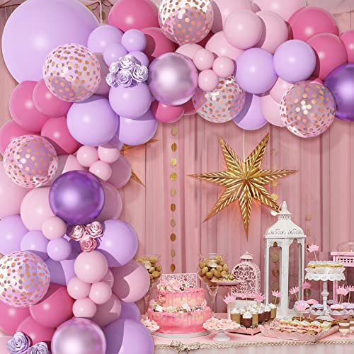 Amandir 175Pcs Pink and Purple Balloon Garland Arch Kit Butterfly Baby Shower Decorations for Girl, Lavender Purple Dusty Pink Balloon for Women Birthday Bridal Shower Wedding Party Supplies