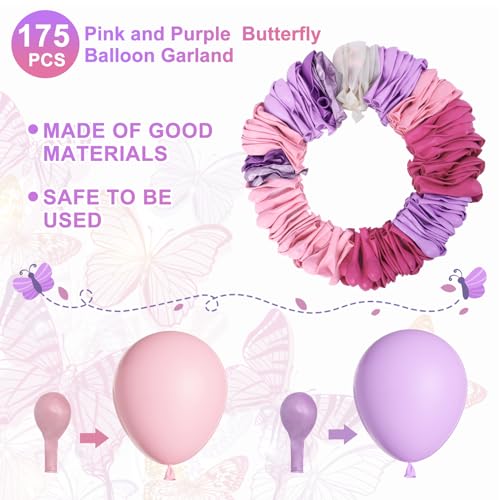 Amandir 175Pcs Pink and Purple Balloon Garland Arch Kit Butterfly Baby Shower Decorations for Girl, Lavender Purple Dusty Pink Balloon for Women Birthday Bridal Shower Wedding Party Supplies