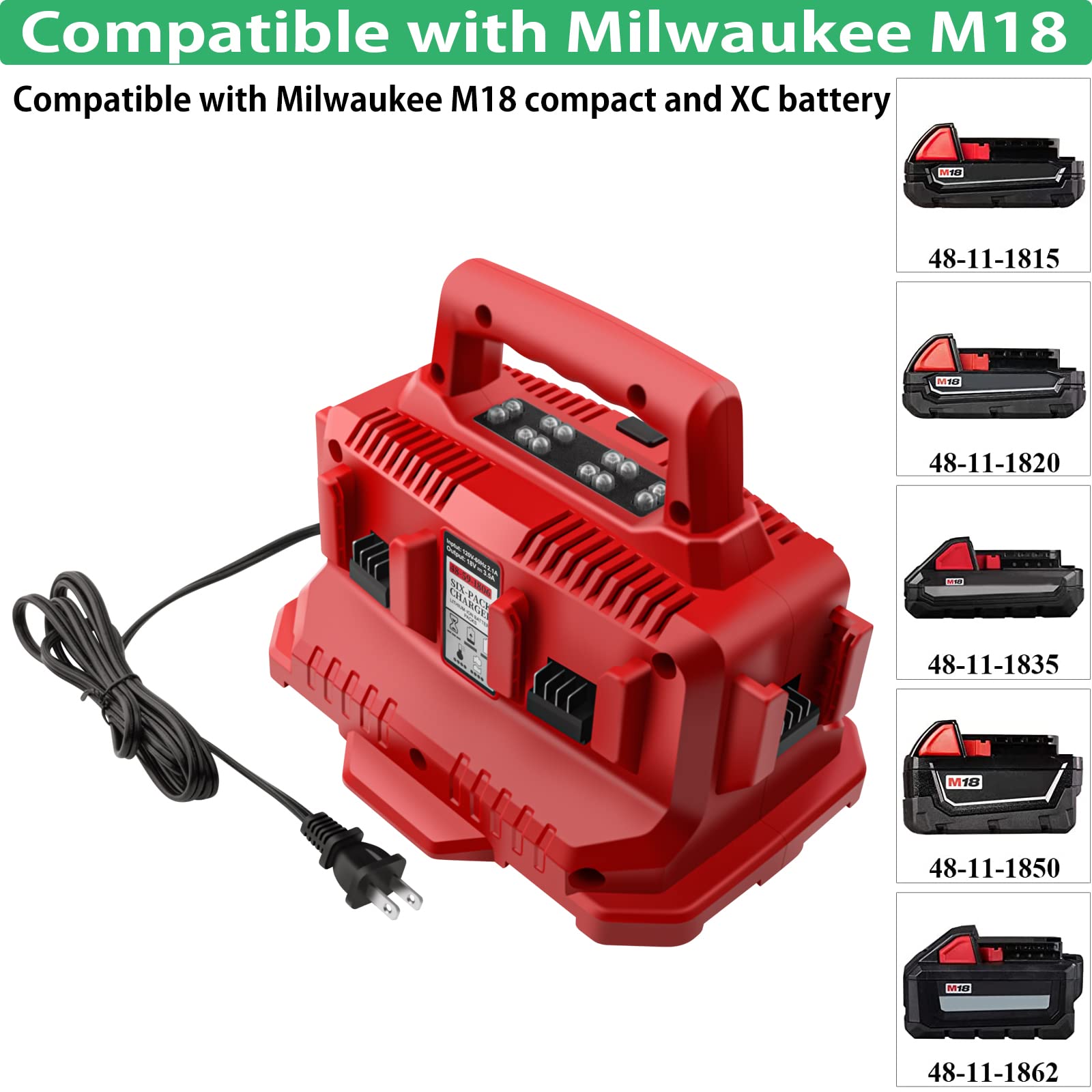 DMMNS M18 V18 Rapid Battery Charger 6-Ports,Replace for Milwaukee M18 Battery Charger 48-59-1806 59-1804,Compatible with Milwaukee M18 14.4V-18V XC Battery 48-11-1850 11-1840 11-1815 11-1828 11-1860