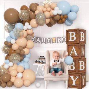 Amandir Baby Boxes Balloons for Baby Shower, 4 Wood Grain Blocks with Letter 111Pcs Brown Blue Nude Balloon Garland Kit for Bear Baby Shower Decorations Gender Reveal Boy Birthday Party Supplies