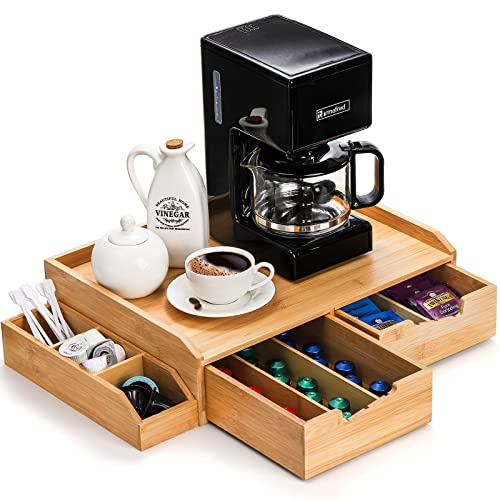 SOUJOY Bamboo Drawer Organizer for Coffee Pod, K Cup Organizer for Counter, Tea Bag Storage Organizer with Drawer and Side Storage Box for Kitchen Office Coffee Bar