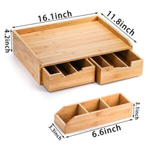 SOUJOY Bamboo Drawer Organizer for Coffee Pod, K Cup Organizer for Counter, Tea Bag Storage Organizer with Drawer and Side Storage Box for Kitchen Office Coffee Bar