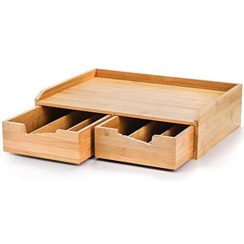 SOUJOY Bamboo Drawer Organizer for Coffee Pod, K Cup Organizer for Counter, Tea Bag Storage Organizer with Drawer and Side Storage Box for Kitchen Office Coffee Bar