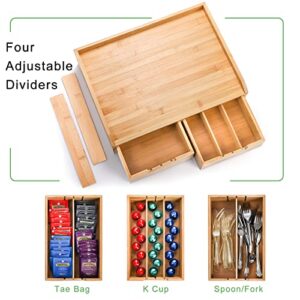 SOUJOY Bamboo Drawer Organizer for Coffee Pod, K Cup Organizer for Counter, Tea Bag Storage Organizer with Drawer and Side Storage Box for Kitchen Office Coffee Bar