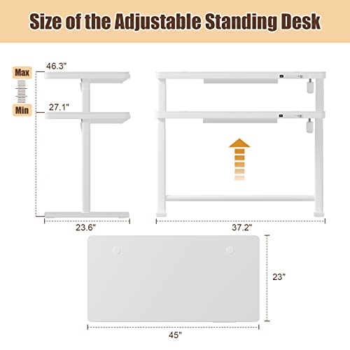 AITERMINAL Electric Standing Desk with Drawers, Height Adjustable Sit Stand Desk with Drawer, Home Office Desk Storage & USB Ports, 45 x 23 Inch White Desktop/White Frame