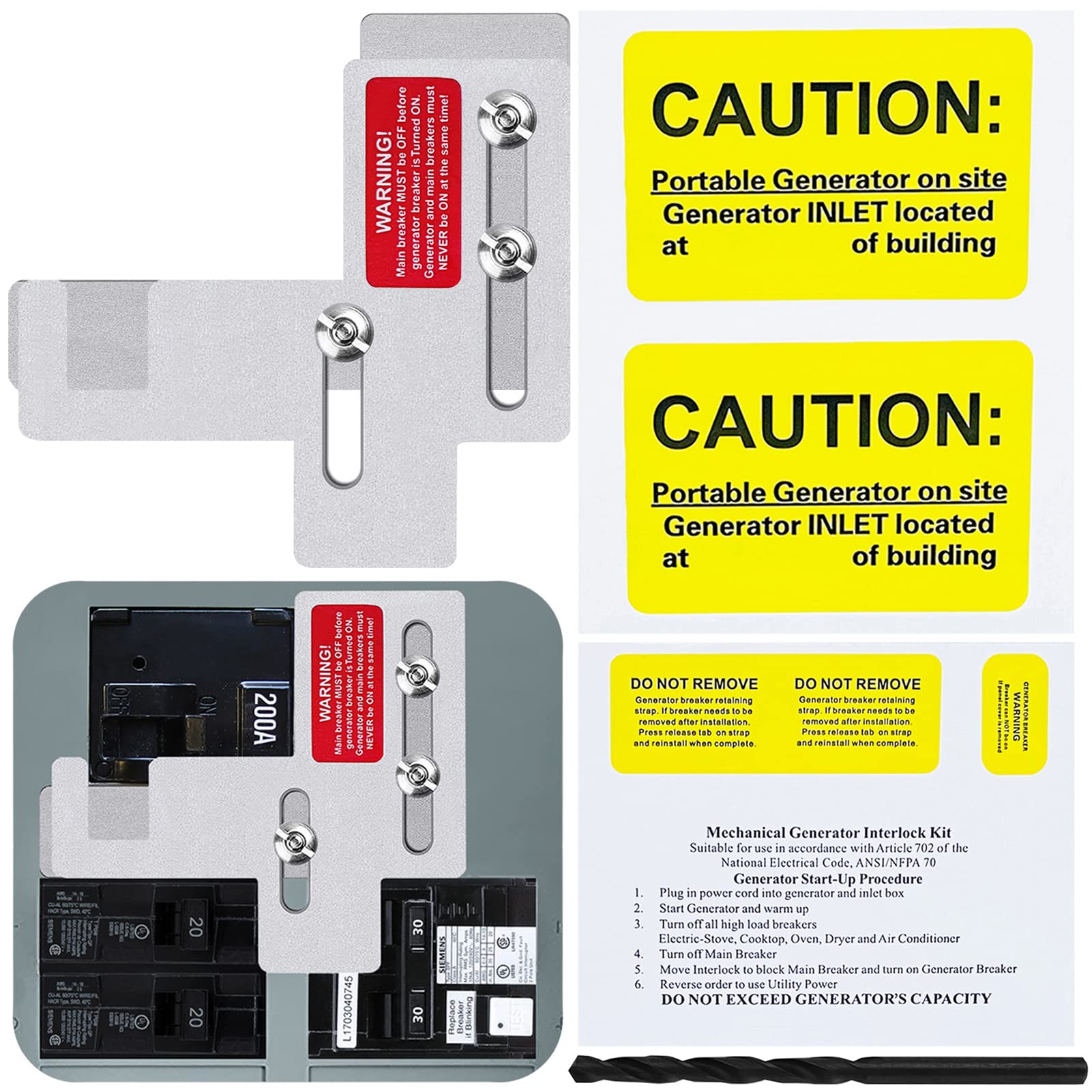 Generator Interlock Kit Compatible with Siemens or Murray 150 or 200 Amp Panels, 7/8-1 1/4" Spacing Between Main and Branch Breakers