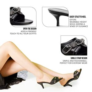 Oiamenne Women’s Heeled Sandals Open Toe Stiletto High Heel Mules Slip on Comfort Slide Sandals Studded Party Dress Shoes Summer Evening Black Sandals for Women