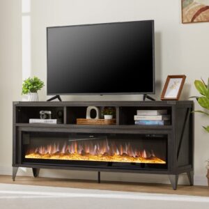 amerlife 65" fireplace tv stand with 60" glass electric fireplace, industrial & farmhouse media entertainment center with open shelve storage for tvs up to 75", tv console for living room, gray