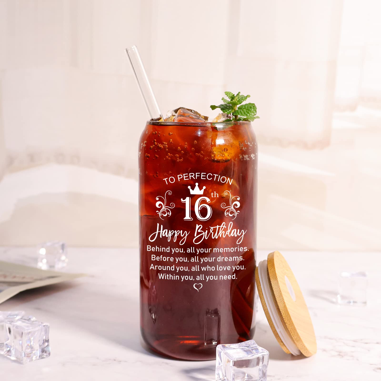 16th Birthday Gifts for Her, Happy 16th Birthday Decorations for Her, Funny 16 Year Old Birthday Gift Ideas for Her, Friends, Sister, Daughter - 16 Oz Can Shaped Glass Cups with Lids and Straws