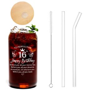 16th Birthday Gifts for Her, Happy 16th Birthday Decorations for Her, Funny 16 Year Old Birthday Gift Ideas for Her, Friends, Sister, Daughter - 16 Oz Can Shaped Glass Cups with Lids and Straws