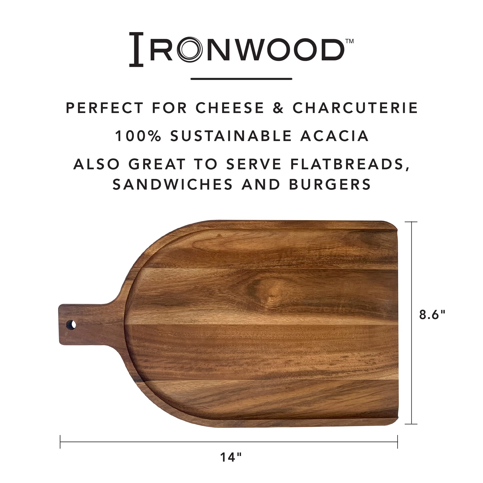 Ironwood Charcuterie Board With Handle, Acacia Wood