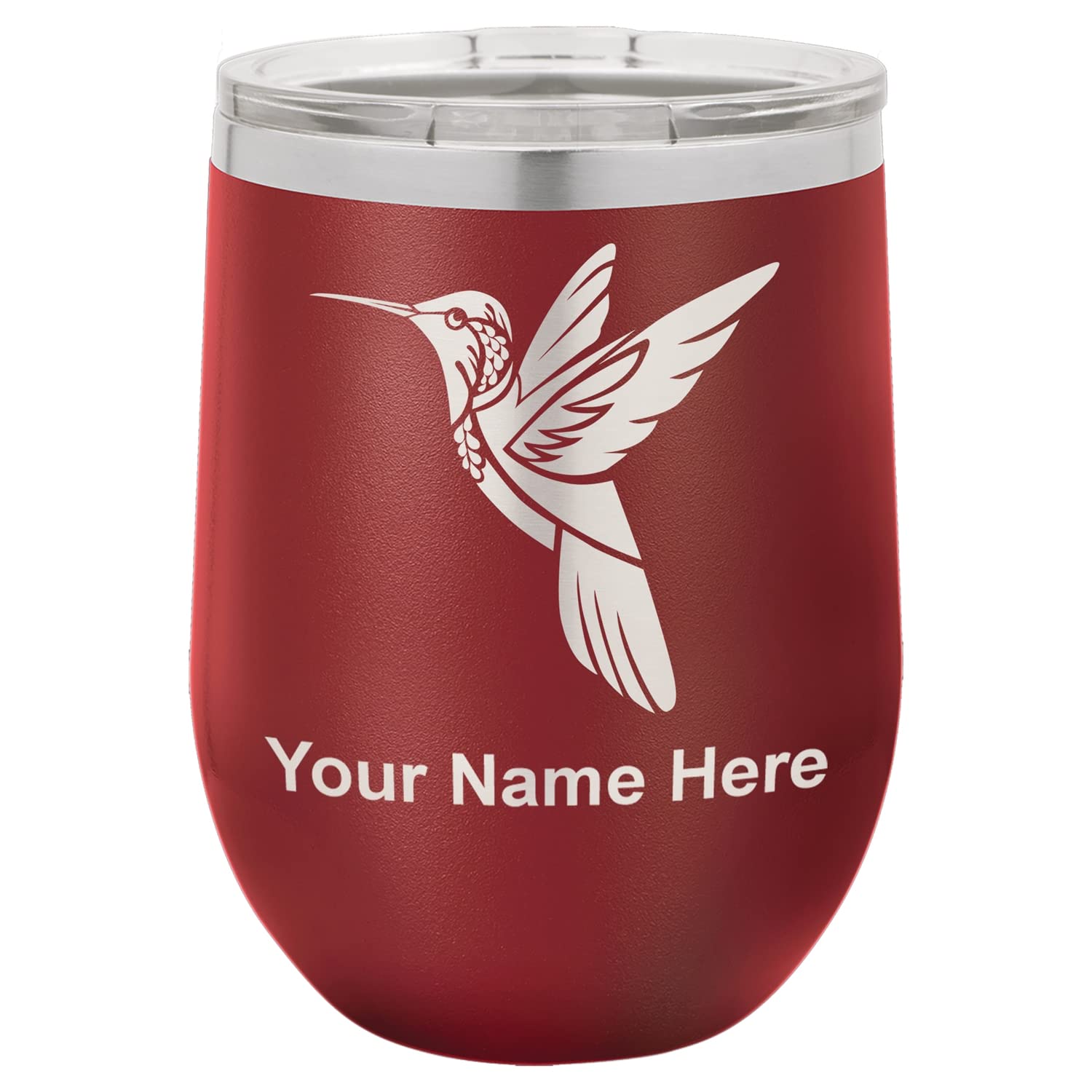 LaserGram Double Wall Stainless Steel Wine Glass Tumbler, Hummingbird, Personalized Engraving Included (Maroon)