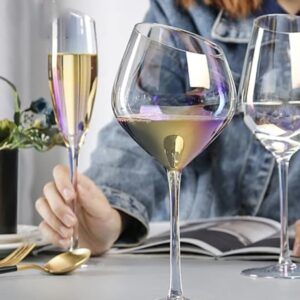 Luxrify Enhance Your Wine Experience Iridescent Wine Glasses - Premium Quality, Unique Design at Rim, Long Stemware, Hand-Blown & Perfect for Wine Lovers, Colored Stemware (Set Of 4)