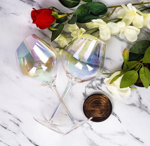 Luxrify Enhance Your Wine Experience Iridescent Wine Glasses - Premium Quality, Unique Design at Rim, Long Stemware, Hand-Blown & Perfect for Wine Lovers, Colored Stemware (Set Of 4)