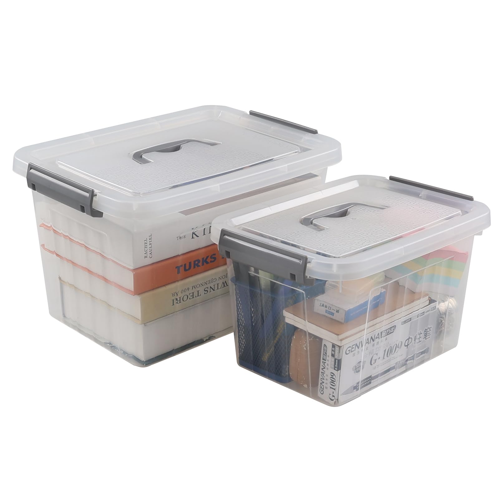 Easymanie 2 Pack Storage Bin with Handle, Plastic Lidded Storage Box, 6 Quart & 12 Quart, F