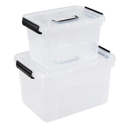 Jandson 2 Pack Latching Storage Box with Handle, Plastic Lidded Storage Bin, F