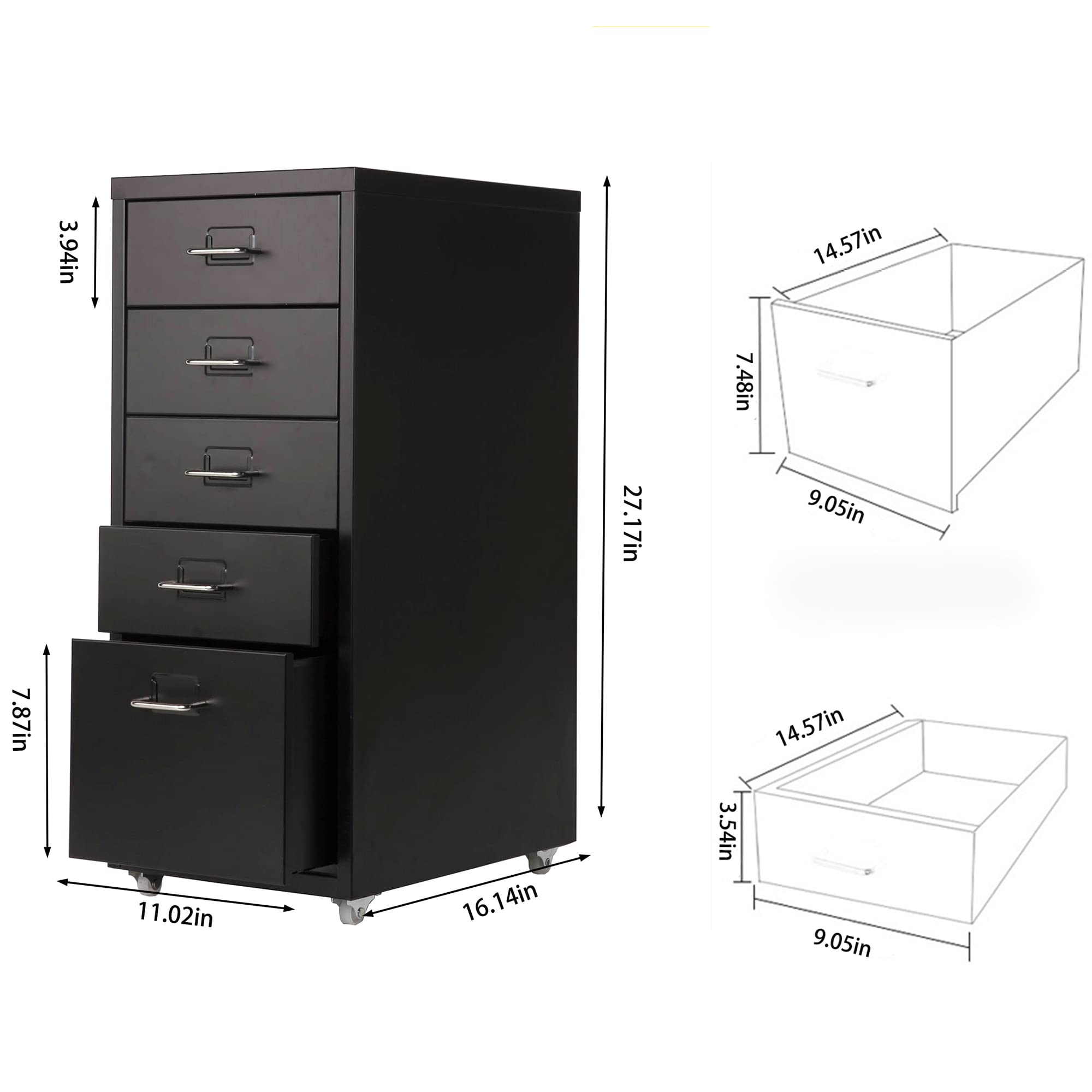 MIOCASA 5 Drawer Metal File Cabinet Mobile Underdesk Chest for Home Office (Black)