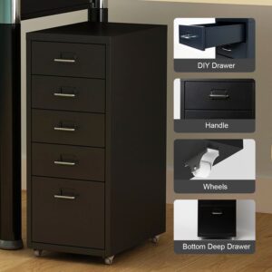 MIOCASA 5 Drawer Metal File Cabinet Mobile Underdesk Chest for Home Office (Black)