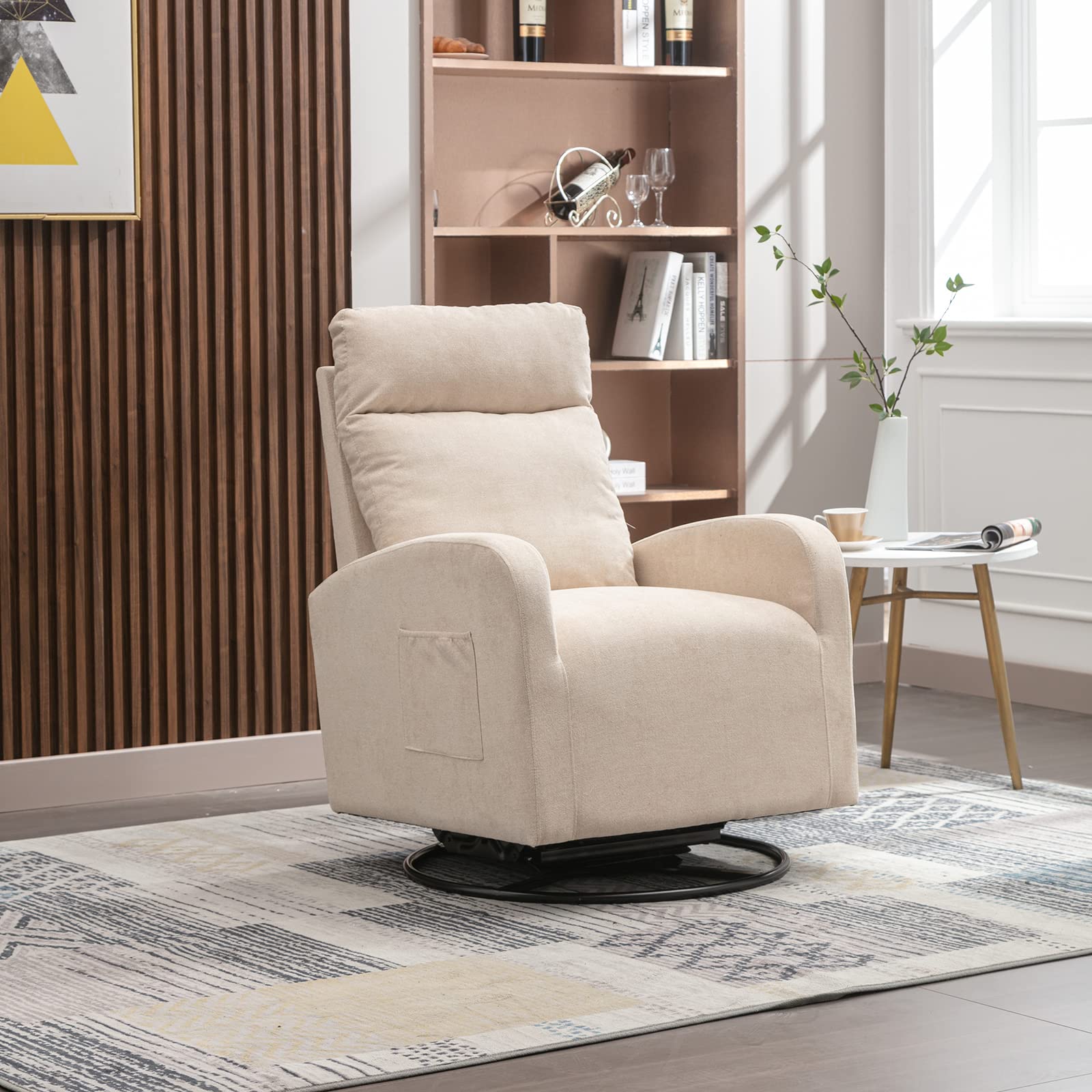 GNIXUU Rocking Chair, Swivel Gliding Nursing Chairs, Glider Rocker with Side Pocket for Nursery, Living Room, Baby Room, Bedroom, Beige Polyester Fabric