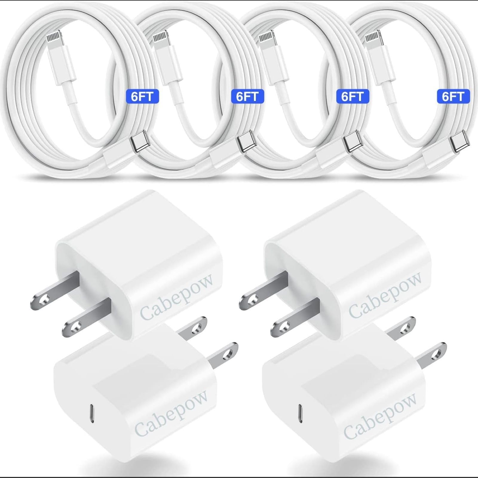 (4Pack) Cabepow for iPhone Charger Fast Charging,20W USB C Charger Block with 6FT USB C to Lightning Cable for iPhone 14/14 Pro Max/13/13 Pro/12/12 Pro/11/11 Pro/XS, iPad