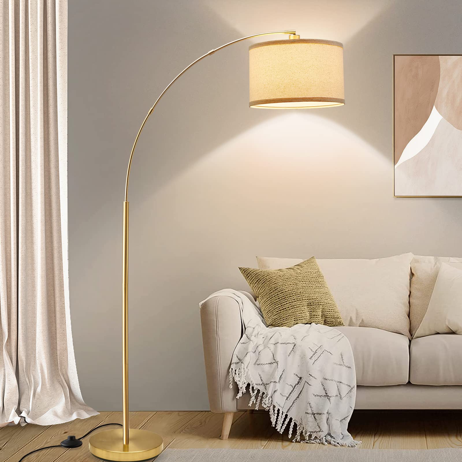 Arc Floor Lamps for Living Room, Gold Modern Floor Lamp, Tall Pole Lamp with Foot Switch, Adjustable Hanging Drum Shade, Over Couch Arched Reading Light for Bedroom, Office, LED Bulb Not Include