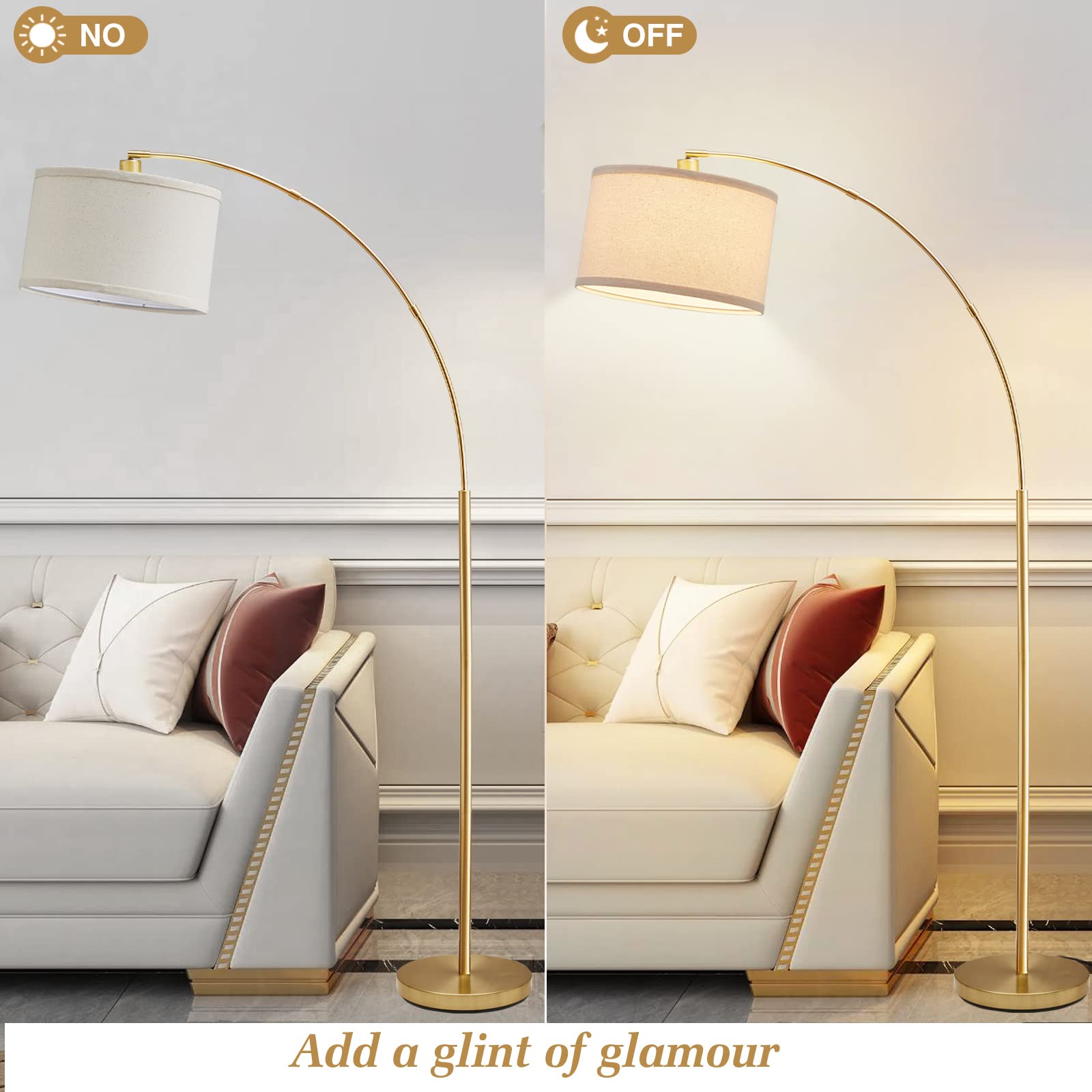 Arc Floor Lamps for Living Room, Gold Modern Floor Lamp, Tall Pole Lamp with Foot Switch, Adjustable Hanging Drum Shade, Over Couch Arched Reading Light for Bedroom, Office, LED Bulb Not Include