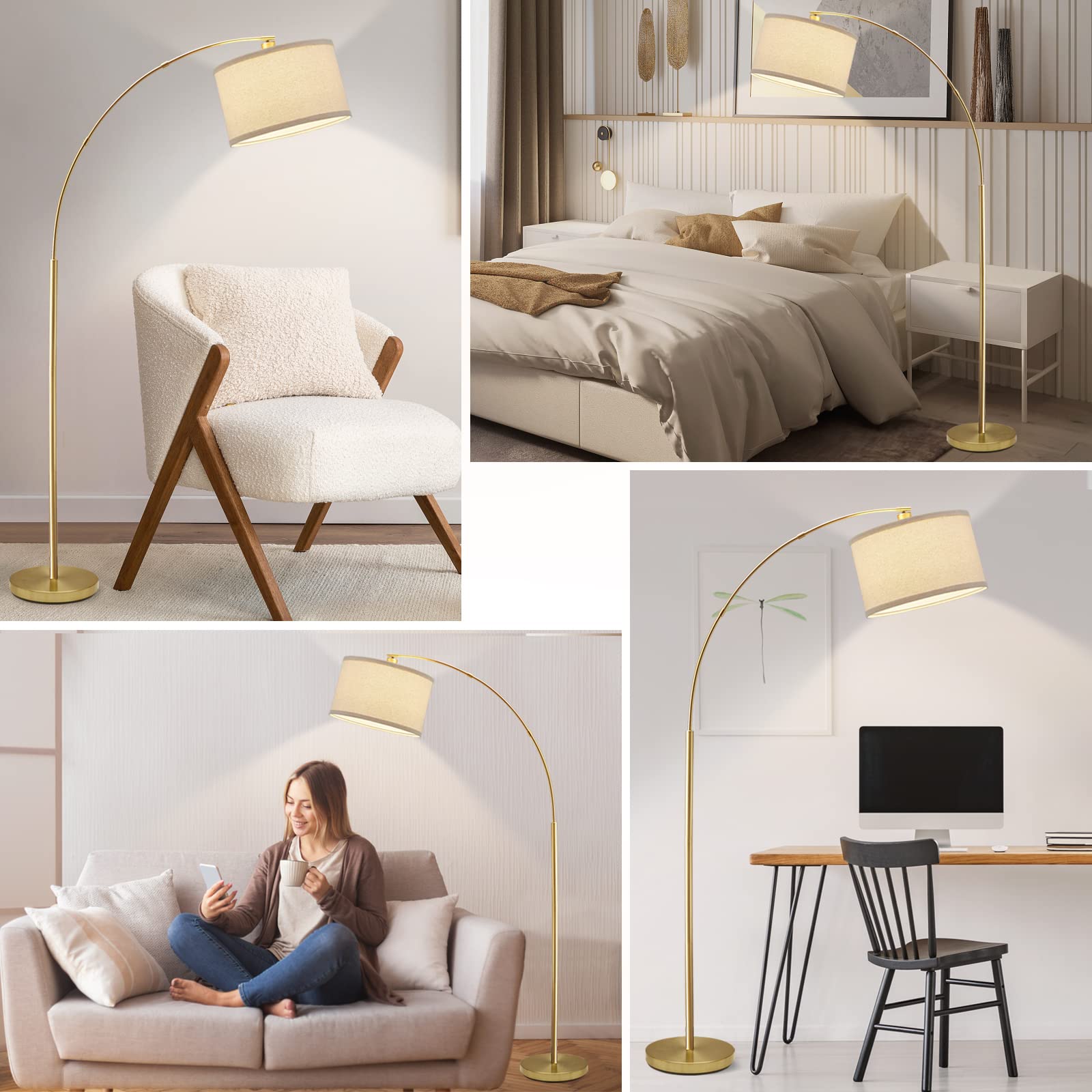 Arc Floor Lamps for Living Room, Gold Modern Floor Lamp, Tall Pole Lamp with Foot Switch, Adjustable Hanging Drum Shade, Over Couch Arched Reading Light for Bedroom, Office, LED Bulb Not Include