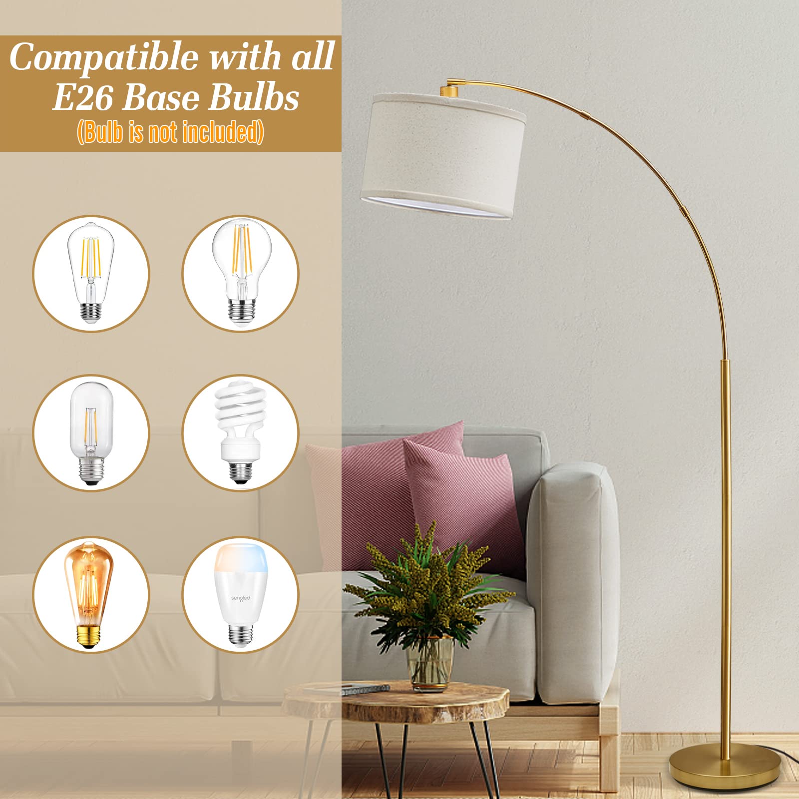 Arc Floor Lamps for Living Room, Gold Modern Floor Lamp, Tall Pole Lamp with Foot Switch, Adjustable Hanging Drum Shade, Over Couch Arched Reading Light for Bedroom, Office, LED Bulb Not Include