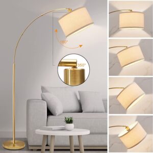 Arc Floor Lamps for Living Room, Gold Modern Floor Lamp, Tall Pole Lamp with Foot Switch, Adjustable Hanging Drum Shade, Over Couch Arched Reading Light for Bedroom, Office, LED Bulb Not Include