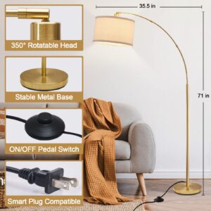 Arc Floor Lamps for Living Room, Gold Modern Floor Lamp, Tall Pole Lamp with Foot Switch, Adjustable Hanging Drum Shade, Over Couch Arched Reading Light for Bedroom, Office, LED Bulb Not Include