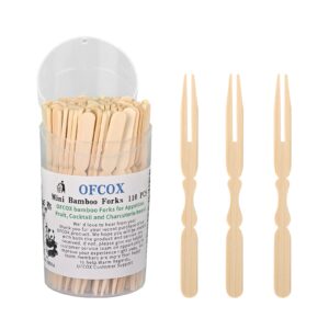 ofcox mini forks for appetizers, disposable forks, bamboo forks, appetizer picks, mini forks, small forks, wooden forks, cocktail forks, appetizer forks, fruit, cheese, food picks. 3.5 inch 100 pcs