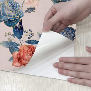 Self Adhesive Blue Floral Drawer Liner Contact Paper Peel and Stick Rose Floral Wallpaper for Girls Shelves Cabinets Dresser Table Furniture Walls Decal 17.7X117 Inches