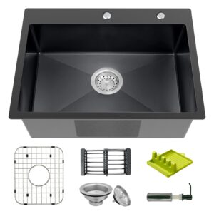 black kitchen sink, topmount stainless steel bar sink 25x18x9 inch drop in single bowl kitchen sink with accessories-sink grid,strainer basket,soap dispenser,drain assembly set for modern kitchen sink