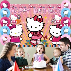 Hello Cute Kitty Birthday Party Banner Decoration, Kawaii Kitty Happy Birthday Party Backdrop 5 x 3Ft Photograpy Background and 24Pcs Kitty Balloons for Kids Girls Boys Birthday Party Supplies