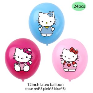 Hello Cute Kitty Birthday Party Banner Decoration, Kawaii Kitty Happy Birthday Party Backdrop 5 x 3Ft Photograpy Background and 24Pcs Kitty Balloons for Kids Girls Boys Birthday Party Supplies