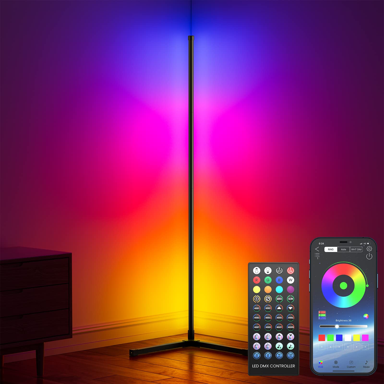 SUGUNING Corner Lamp, Light, Led Floor RGB Light Bar with Remote and App, Modern Minimalist Lit Lamp for Bedroom Living Room, Multi Lighting Modes