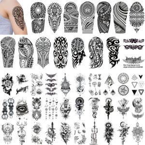 glaryyears maori temporary tattoo for men adults, 46-pack large small size realistic tattoos, totem tribal tiki turtle manta fake tattoo stickers, long-lasting cool black body half arm tattoos