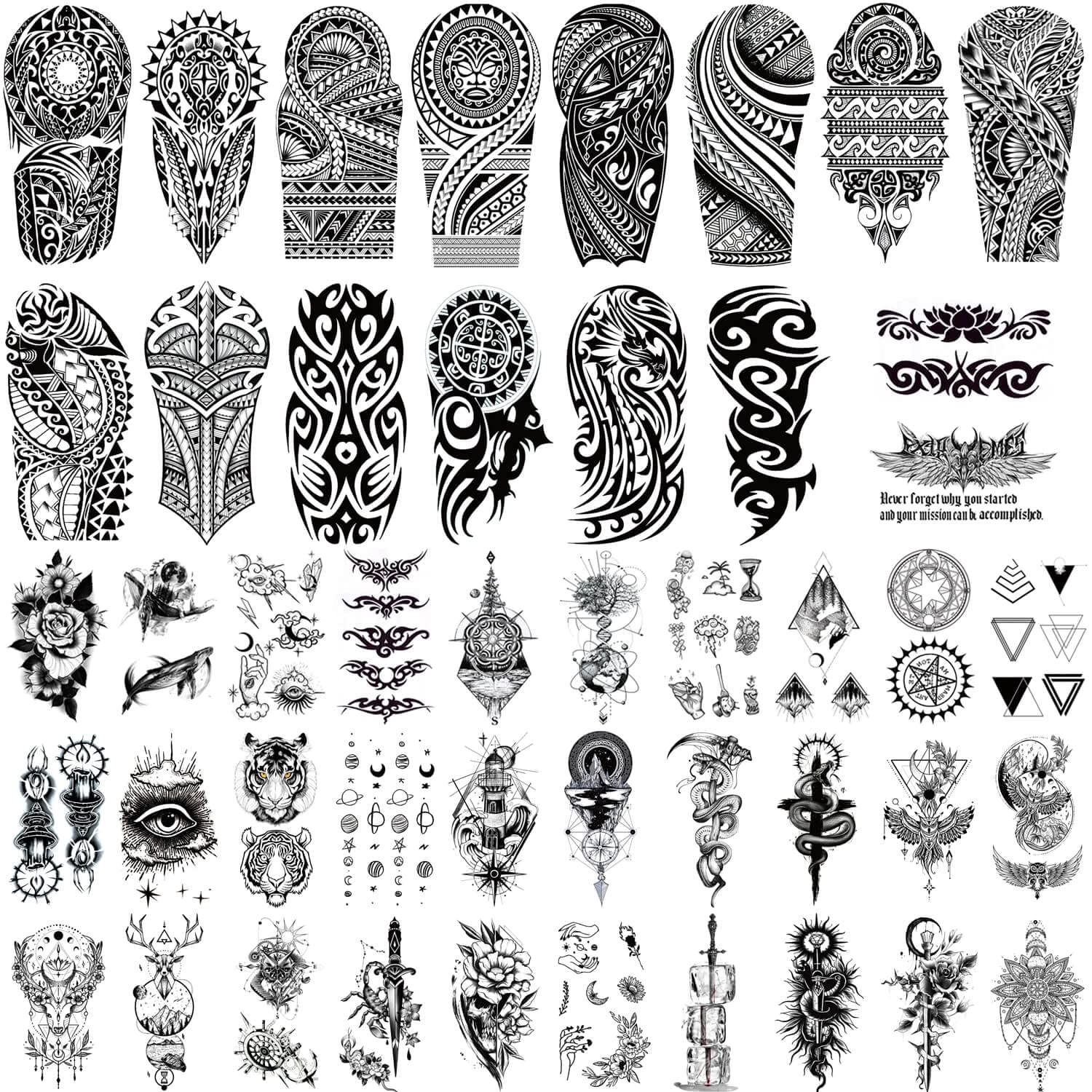 GLARYYEARS Maori Temporary Tattoo for Men Adults, 46-Pack Large Small size Realistic Tattoos, Totem Tribal Tiki Turtle Manta Fake Tattoo Stickers, Long-lasting Cool Black Body Half Arm Tattoos