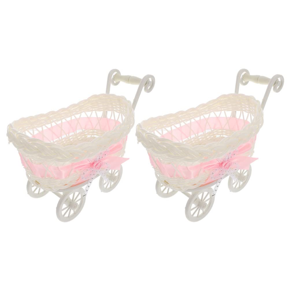 ARTIBETTER 2pcs Wicker Stroller Rattan Woven Basket Candy Snacks Goodie Treat Cart for Shower Centerpieces Decoration Pink